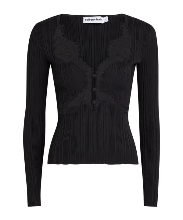 SELF-PORTRAIT Ribbed Lace-trim Stretch-knit Top