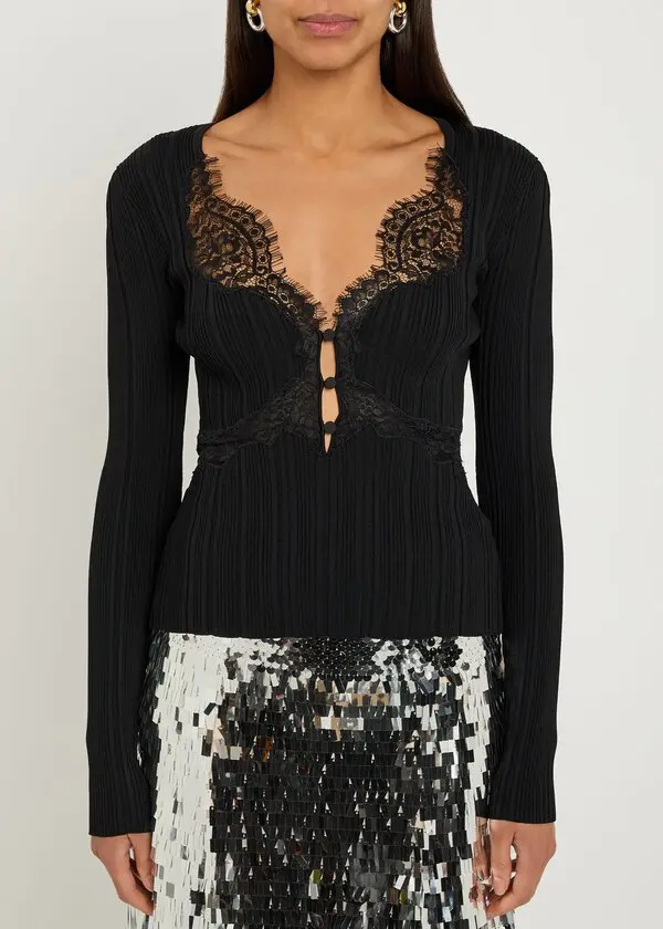 SELF-PORTRAIT Ribbed Lace-trim Stretch-knit Top