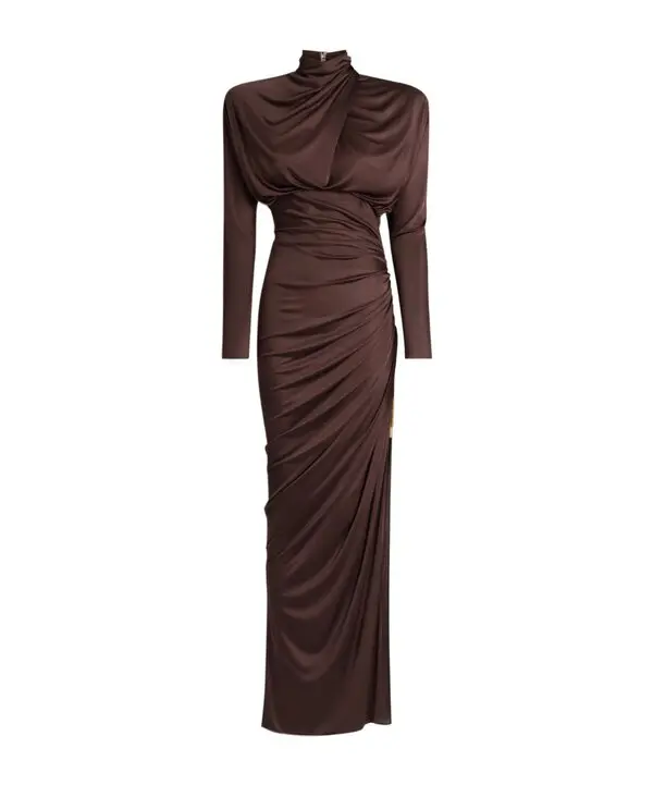 Balmain Long Flowing Jersey Dress With Gold-tone Buckle And Drawstring Slits