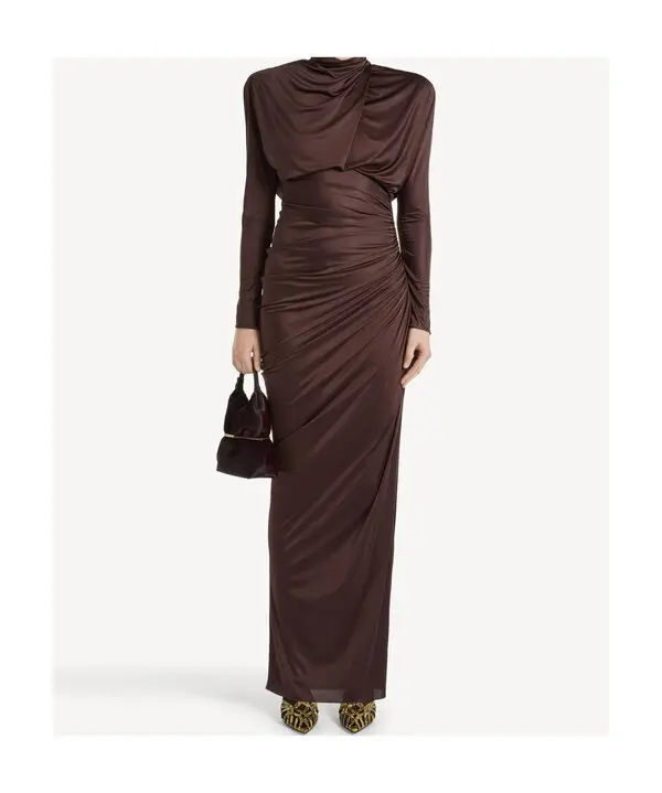 Balmain Long Flowing Jersey Dress With Gold-tone Buckle And Drawstring Slits