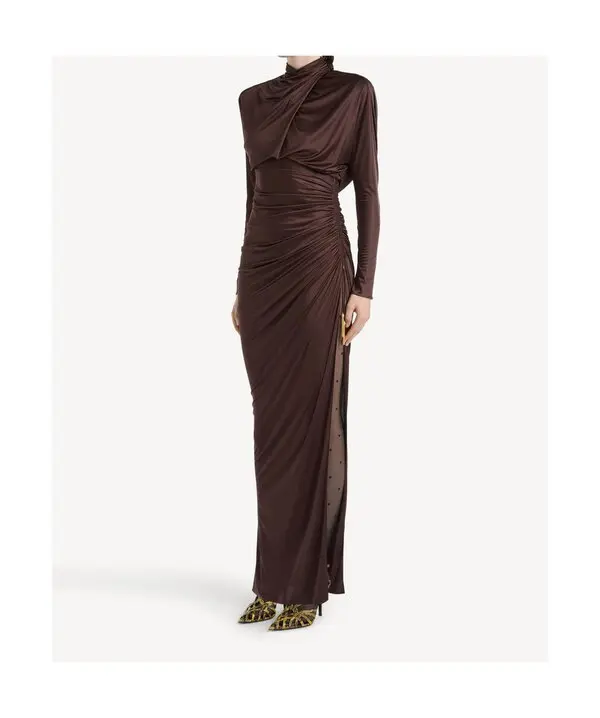 Balmain Long Flowing Jersey Dress With Gold-tone Buckle And Drawstring Slits