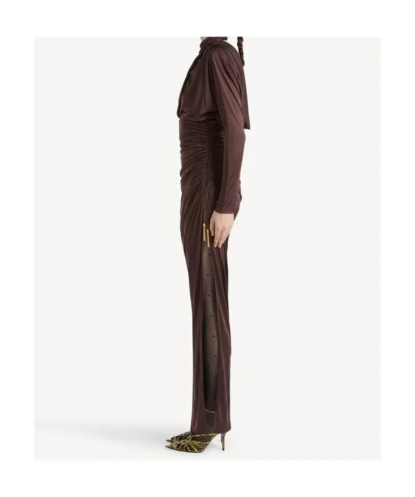 Balmain Long Flowing Jersey Dress With Gold-tone Buckle And Drawstring Slits