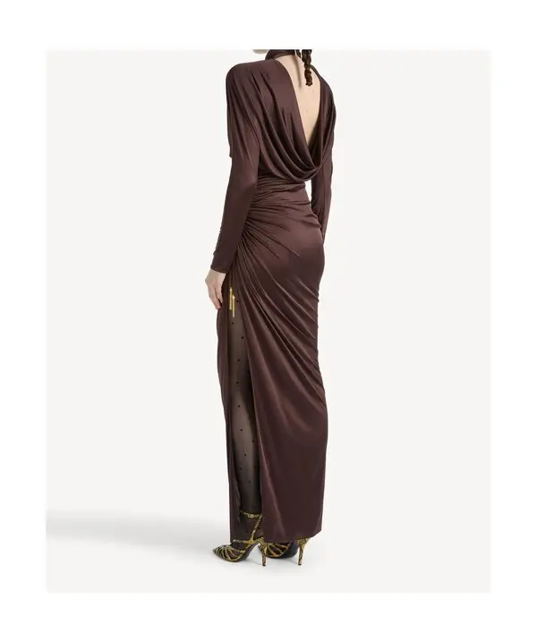 Balmain Long Flowing Jersey Dress With Gold-tone Buckle And Drawstring Slits