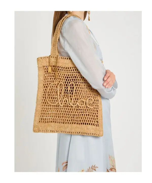 Chloé Summer Banana Logo Raffia Tote