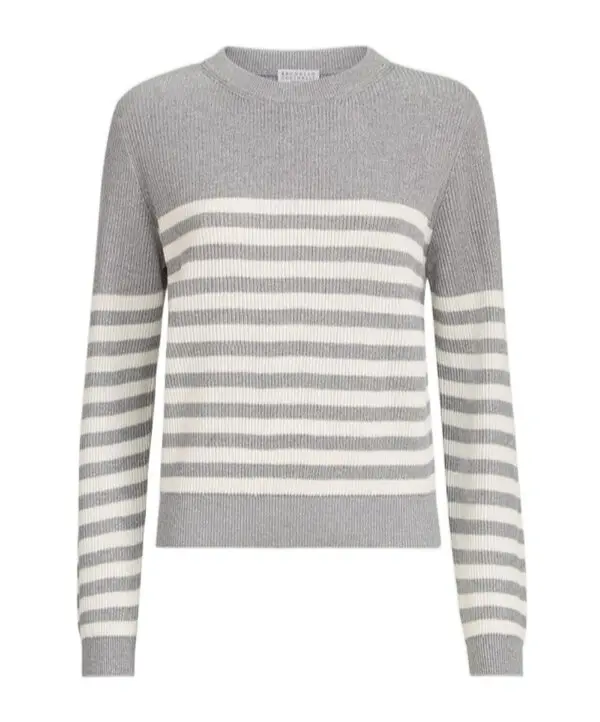 Brunello Cucinelli Sparkling Cotton Striped English Rib Sweater With Monili - Gray