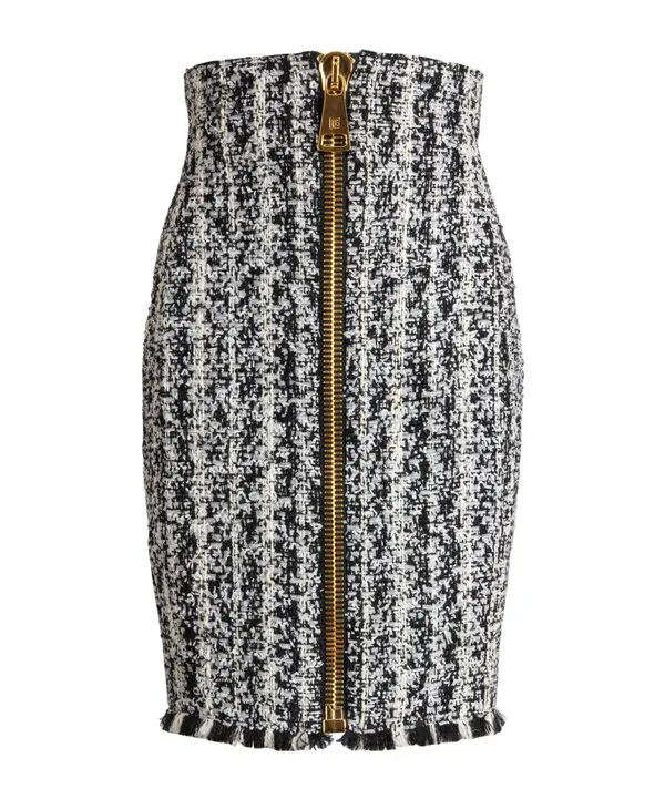 Balmain Two-tone Tweed Skirt With Oversized Gold-tone Zipper