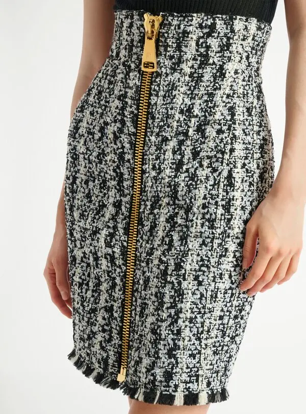 Balmain Two-tone Tweed Skirt With Oversized Gold-tone Zipper