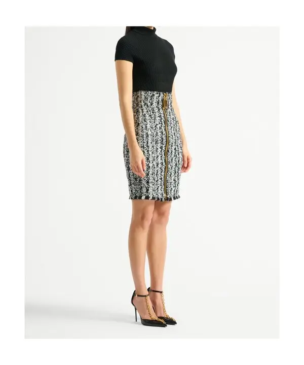 Balmain Two-tone Tweed Skirt With Oversized Gold-tone Zipper