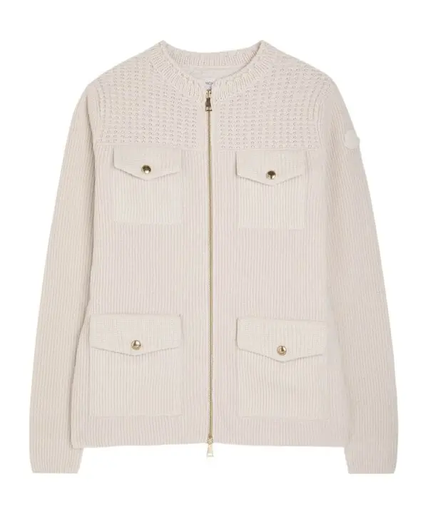 Moncler Logo Ribbed Wool And Shell Cardigan