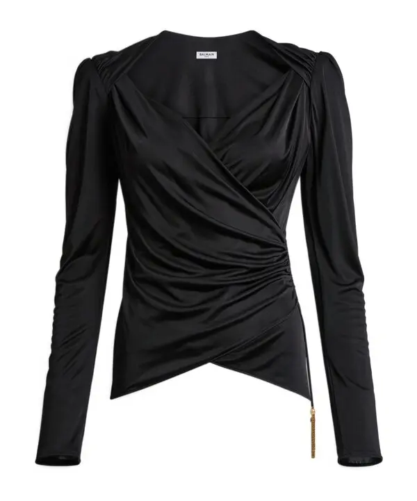 Balmain Draped Flowy Jersey Top With Gold-tone Chain Tassels