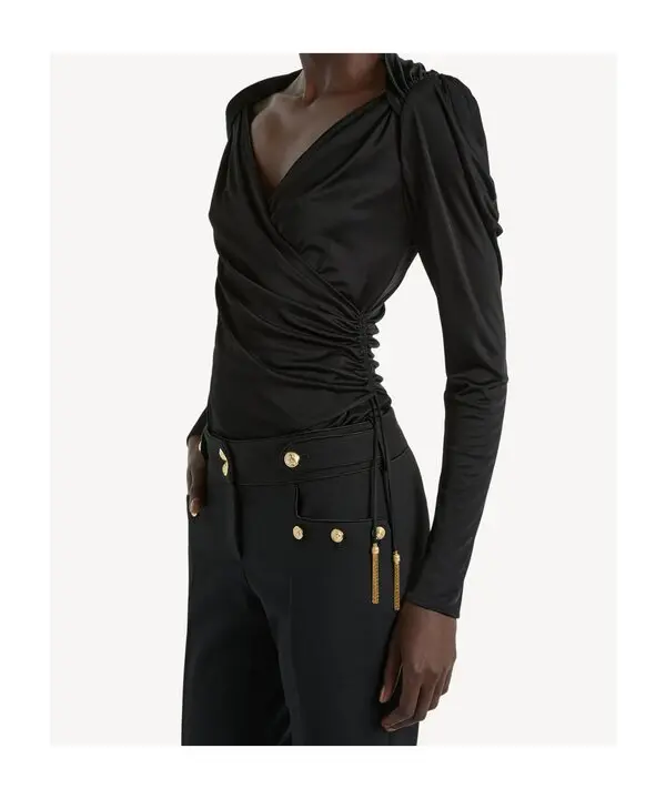 Balmain Draped Flowy Jersey Top With Gold-tone Chain Tassels