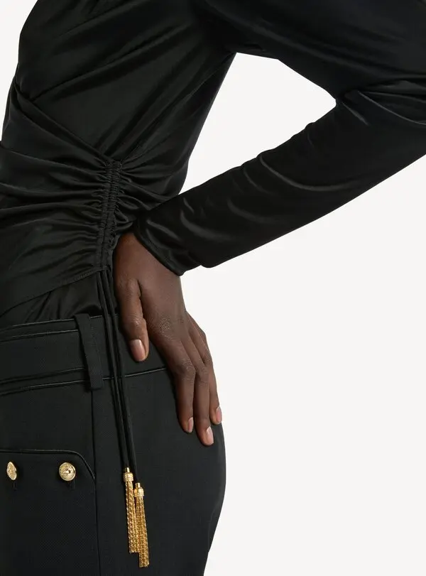 Balmain Draped Flowy Jersey Top With Gold-tone Chain Tassels