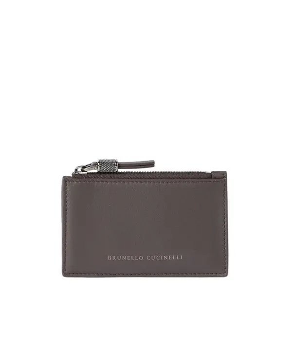 Brunello Cucinelli Calfskin Card Case With Shiny Zipper Pull