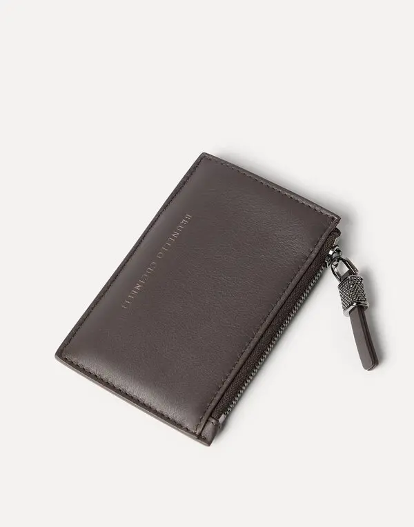 Brunello Cucinelli Calfskin Card Case With Shiny Zipper Pull