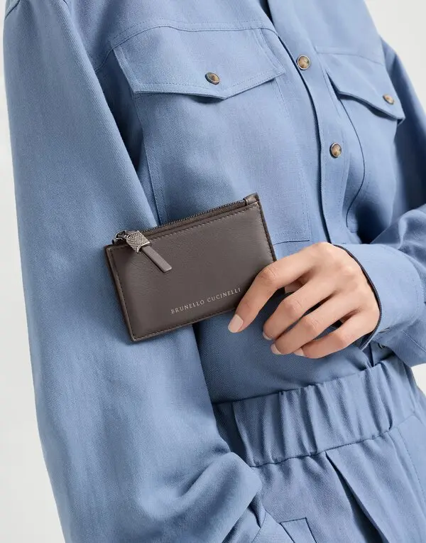 Brunello Cucinelli Calfskin Card Case With Shiny Zipper Pull