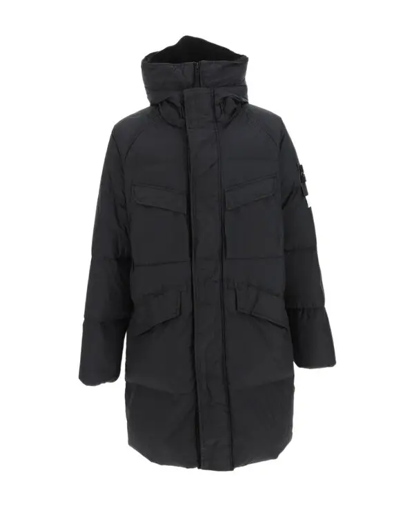 Stone Island Hooded Padded Coat With Wrinkle Effect