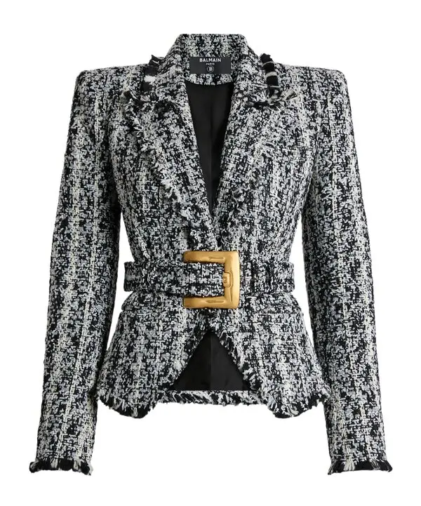 Balmain Two-tone Tweed Belted Jacket