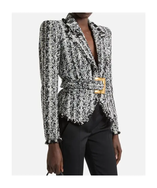 Balmain Two-tone Tweed Belted Jacket