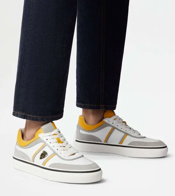 TOD'S Automobili Lamborghini Panelled Lace-up Leather Sneakers - Gray/white/yellow