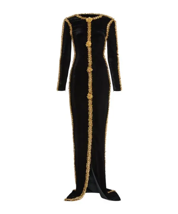 Balmain Long Velvet Embroidered Dress - Black