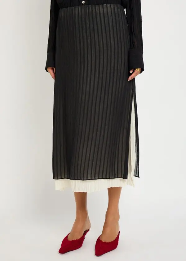 Vince Layered Striped Plissé Midi Skirt