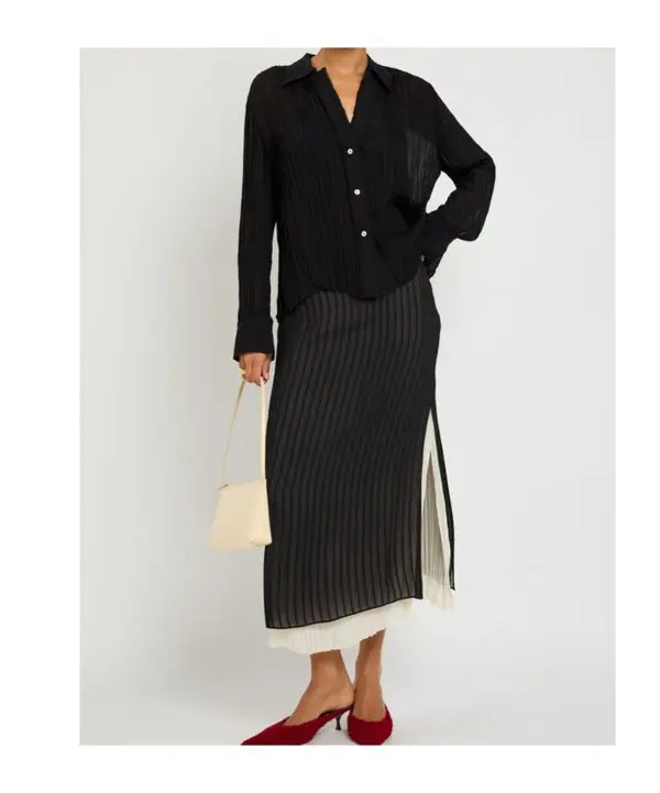 Vince Layered Striped Plissé Midi Skirt