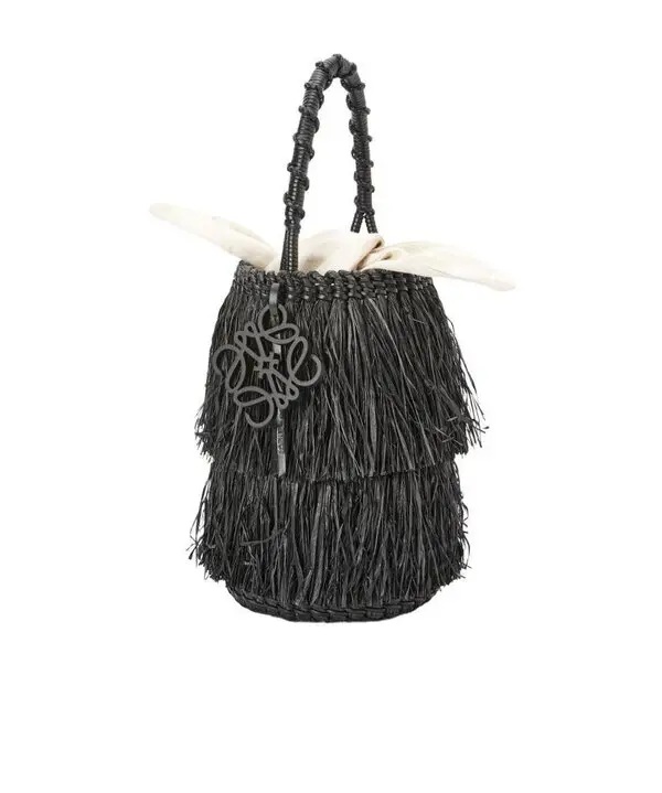 Loewe Frayed Bucket Bag In Raffia And Calfskin
