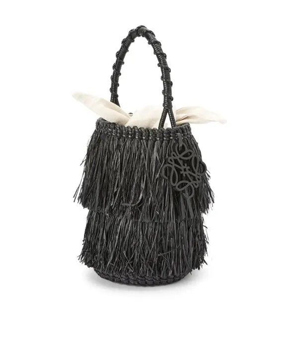 Loewe Frayed Bucket Bag In Raffia And Calfskin