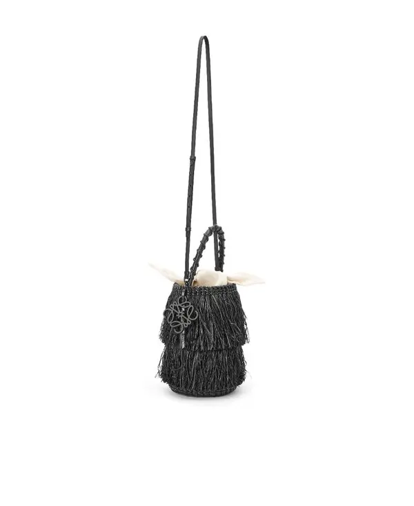 Loewe Frayed Bucket Bag In Raffia And Calfskin