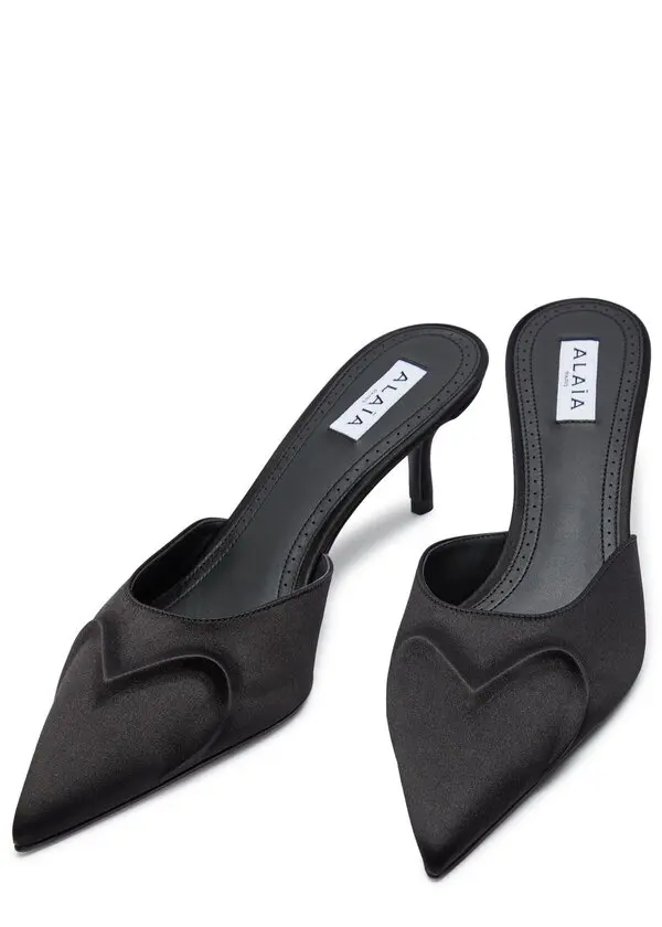 Alaïa Satin Pointed Toe Sculpted Heart Mules - Black
