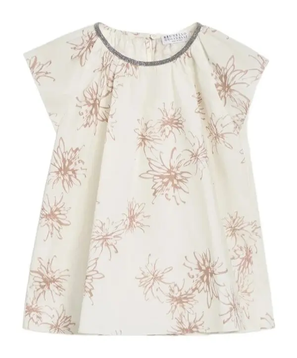 Brunello Cucinelli Cotton Daisy Print Poplin Top With Monili