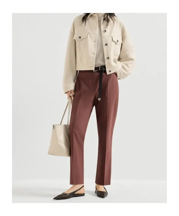 Brunello Cucinelli Stretch Cotton Twill Cigarette Trousers With Monili Embellishment - Red
