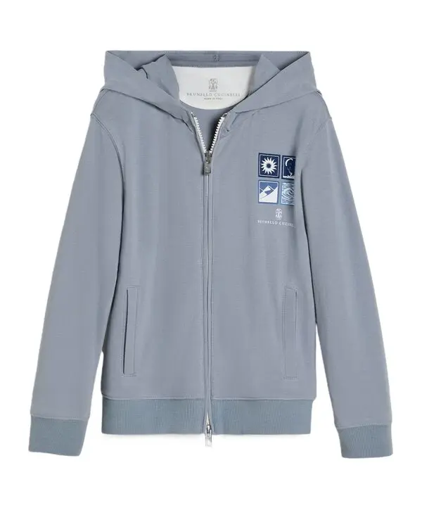 Brunello Cucinelli Cotton Piqué Hooded Sweatshirt With Zipper And Print
