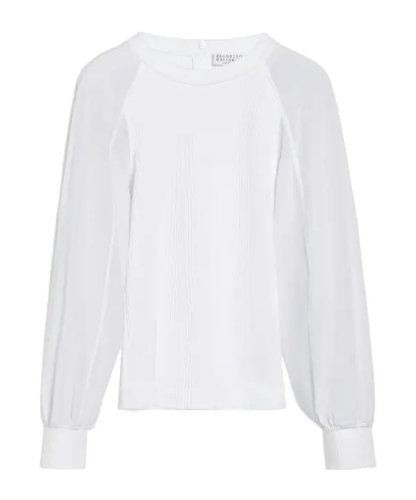 Brunello Cucinelli Stretch Cotton Ribbed Jersey And Crispy Silk Top With Monili