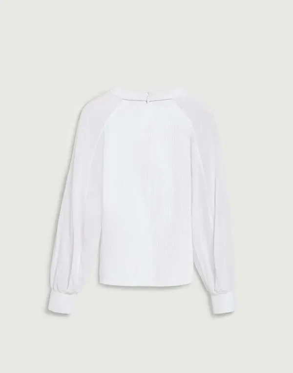 Brunello Cucinelli Stretch Cotton Ribbed Jersey And Crispy Silk Top With Monili