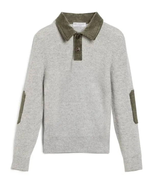 Brunello Cucinelli Cashmere English-rib Knit Polo With Corduroy Inserts