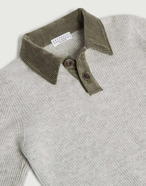 Brunello Cucinelli Cashmere English-rib Knit Polo With Corduroy Inserts