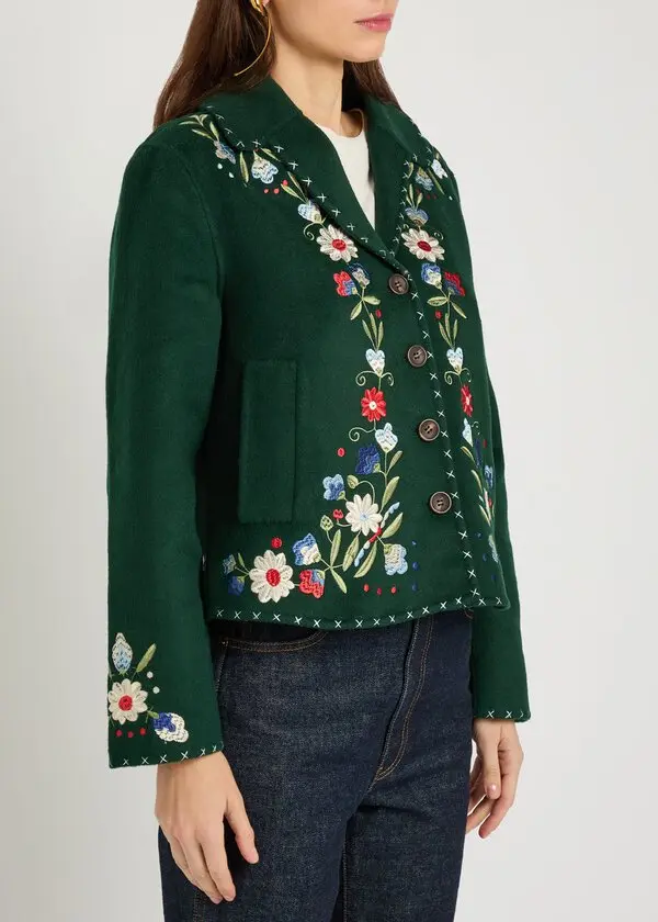 Rixo Jude Floral-embroidered Wool-blend Jacket