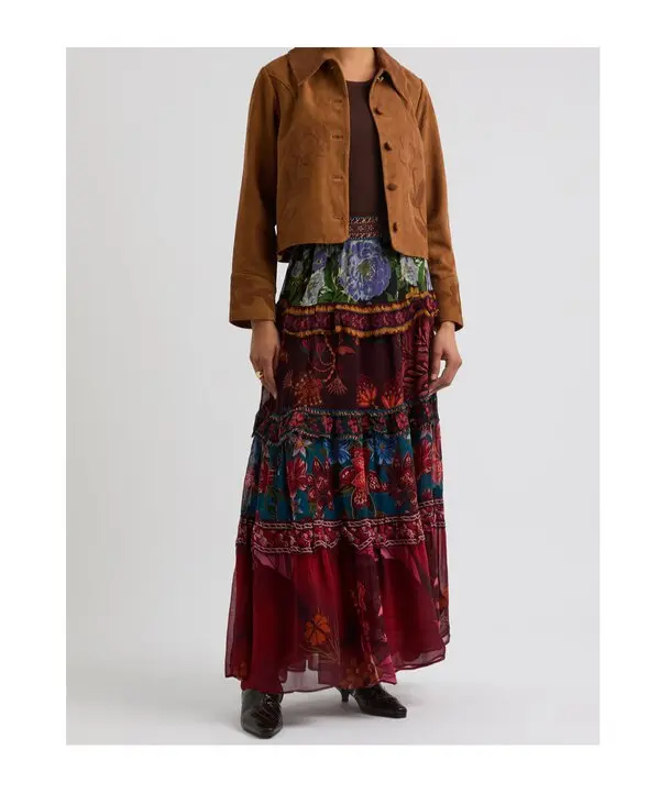 Farm Rio Ruffled Floral Print Maxi Skirt
