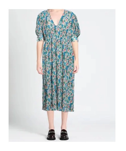 GANNI Floral Print Midi Dress With V-neck And Short Sleeves