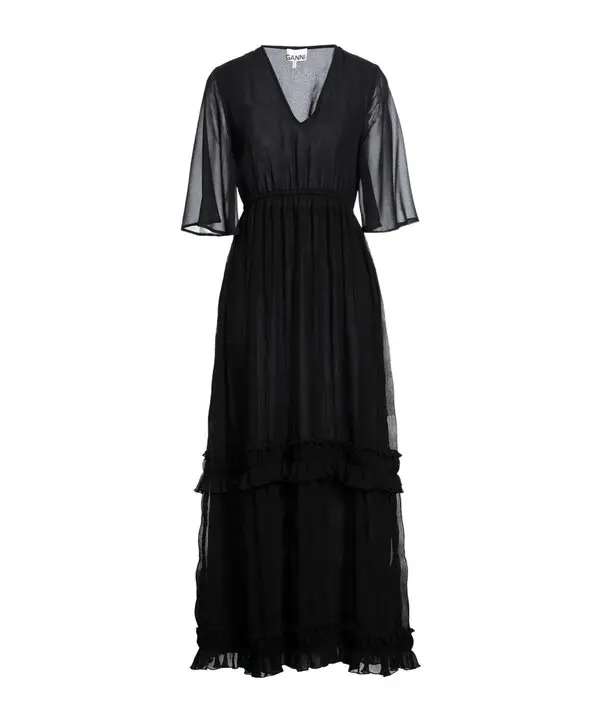 GANNI V-neck Short Sleeve Maxi Dress With Ruffles