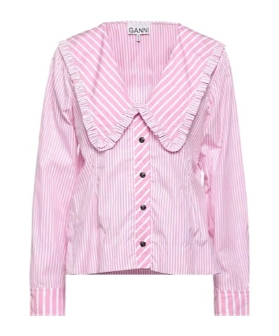 GANNI Striped Peter Pan Collar Ruched Shirt