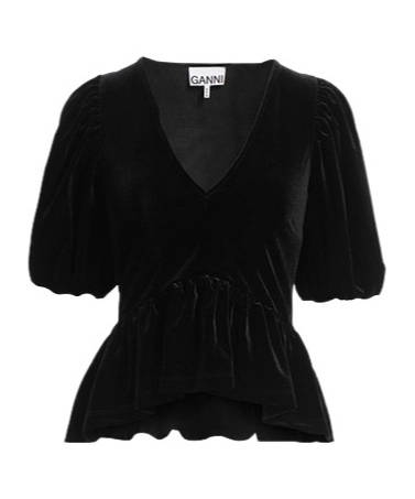 GANNI Velvet Peplum Top With Deep Neckline