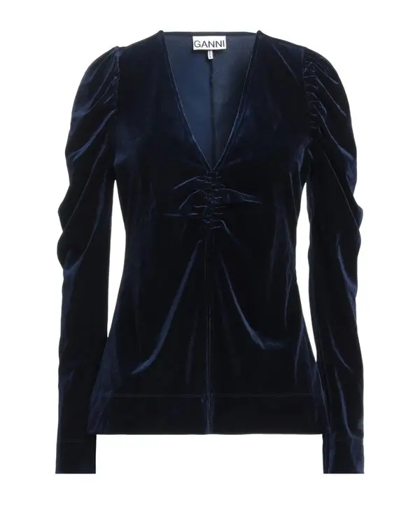 GANNI Chenille V-neck Long Sleeve Top With Puff Sleeves