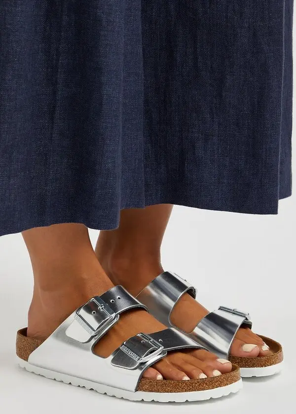 BIRKENSTOCK Arizona Metallic Leather Sliders - White