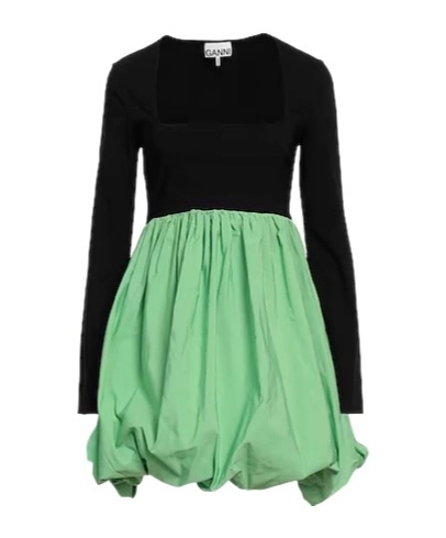 GANNI Bubble Skirt Mini Dress With Square Neckline And Long Sleeves