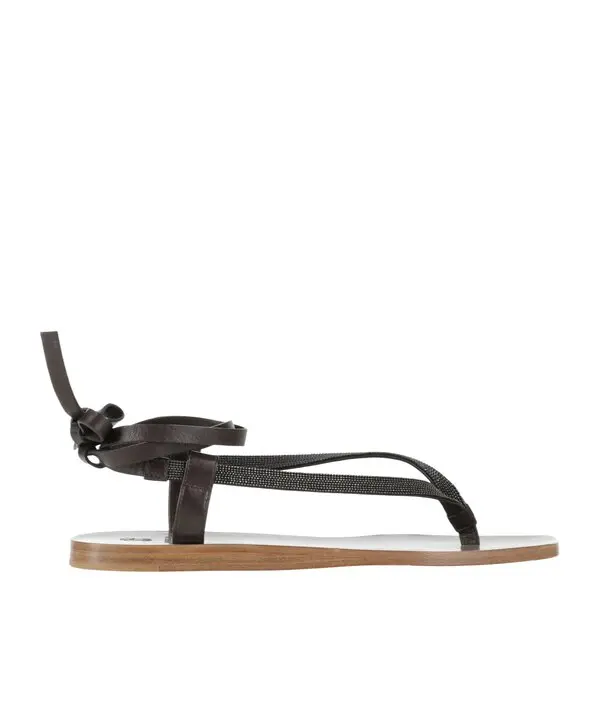 Brunello Cucinelli Leather Thong Sandals With Draped Appliqués - Black