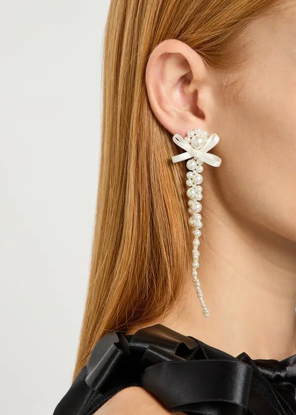 Simone Rocha Petite Bow Faux Pearl-embellished Drop Earrings