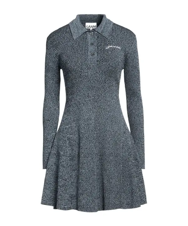 GANNI Ribbed Knit Polo Collar Dress