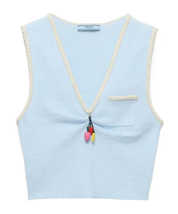 Prada Cotton Bouclé Crop Top With Embellishments - Sky-blue